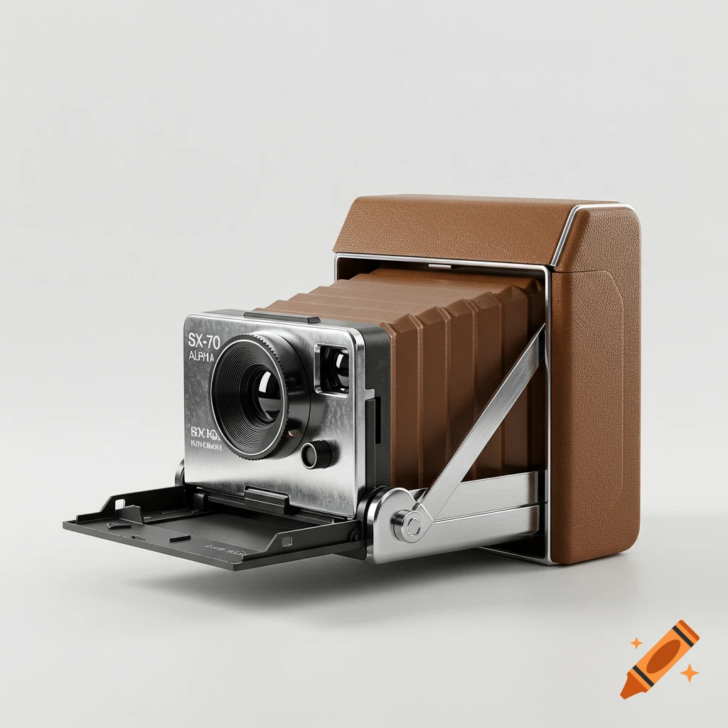 A brown and silver Polaroid SX-70 Alpha 1 instant camera on a white ...
