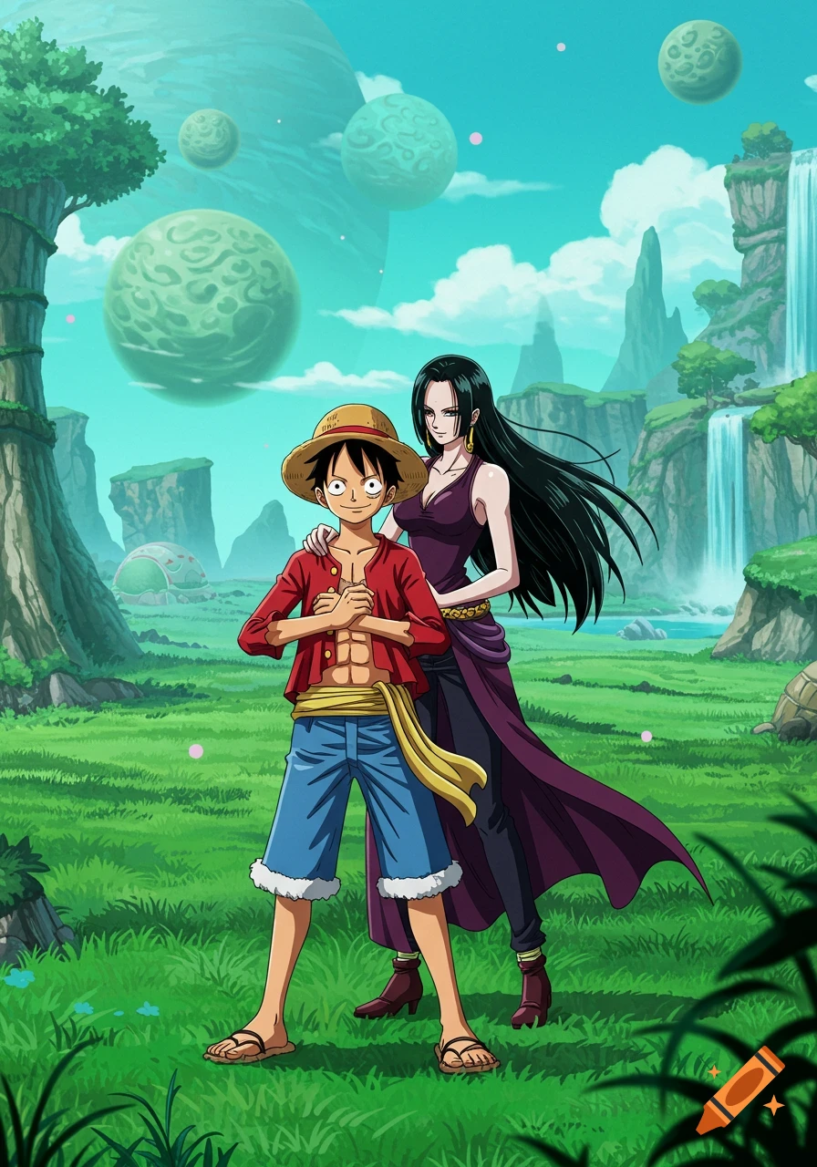 Anime characters Luffy and Boa Hancock swim in a vibrant coral reef ...