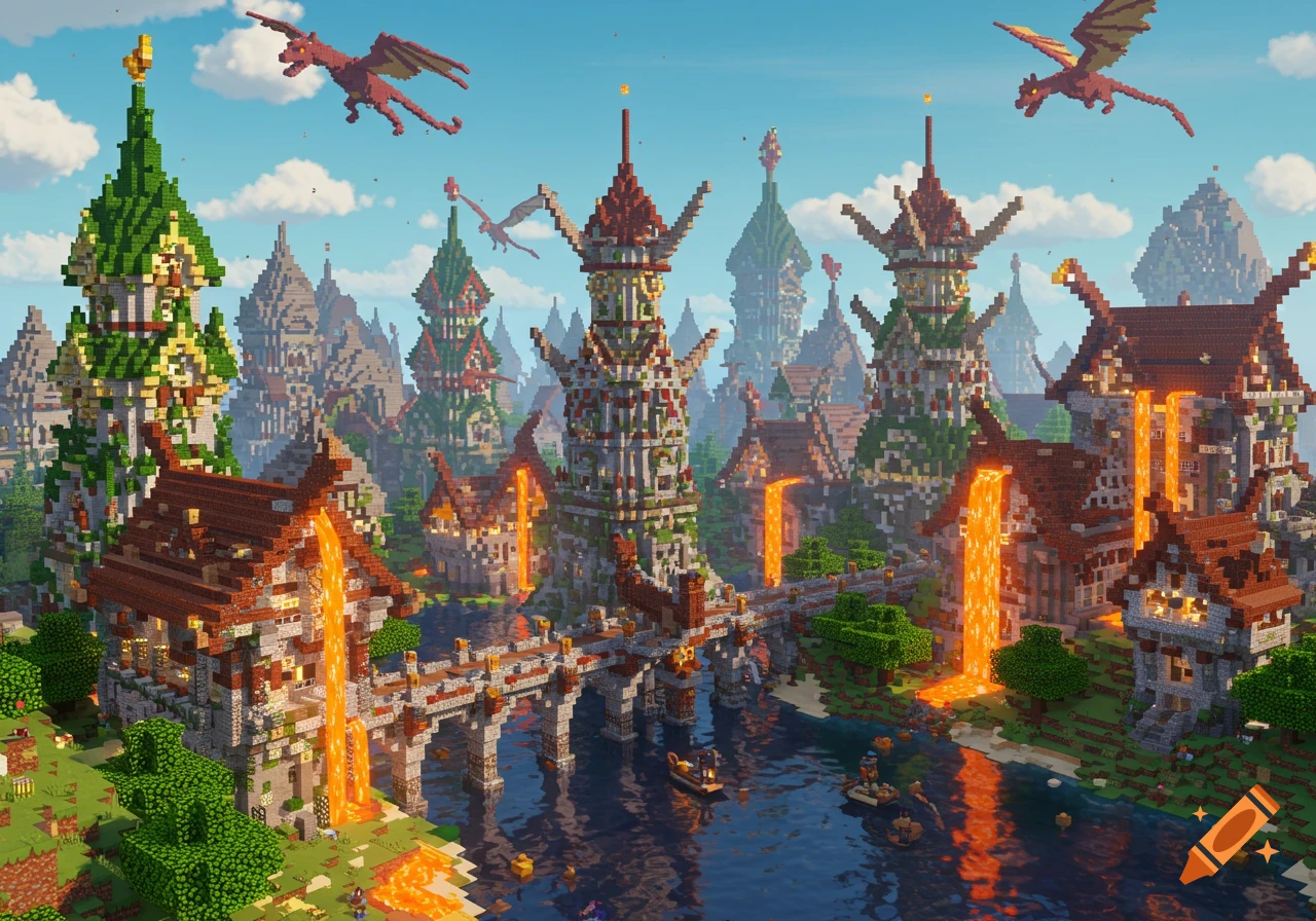 A Minecraft-style house on tall pylons drilled into a mountain cliff ...