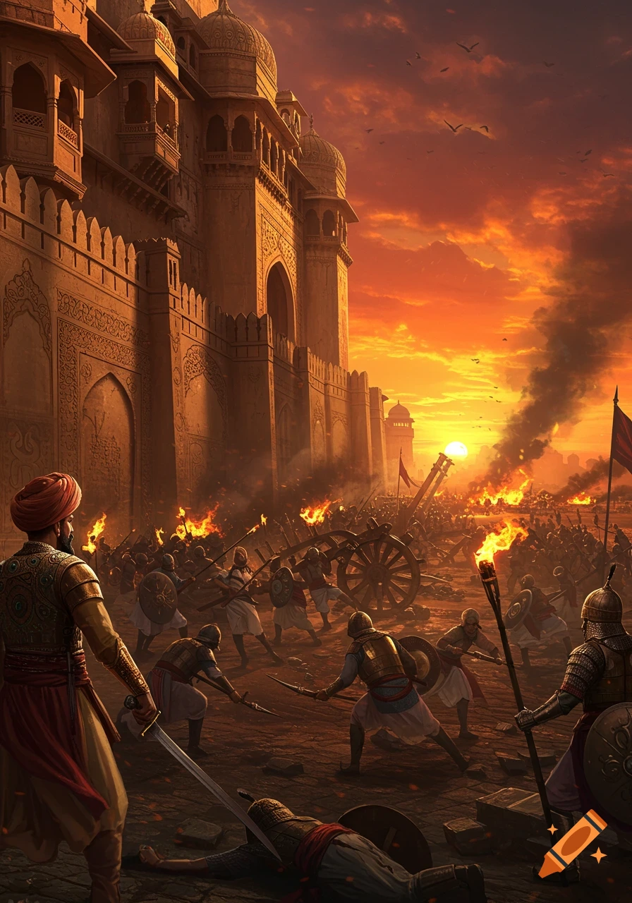 A low-angle view of a colossal, ornate stone gate under a dramatic ...