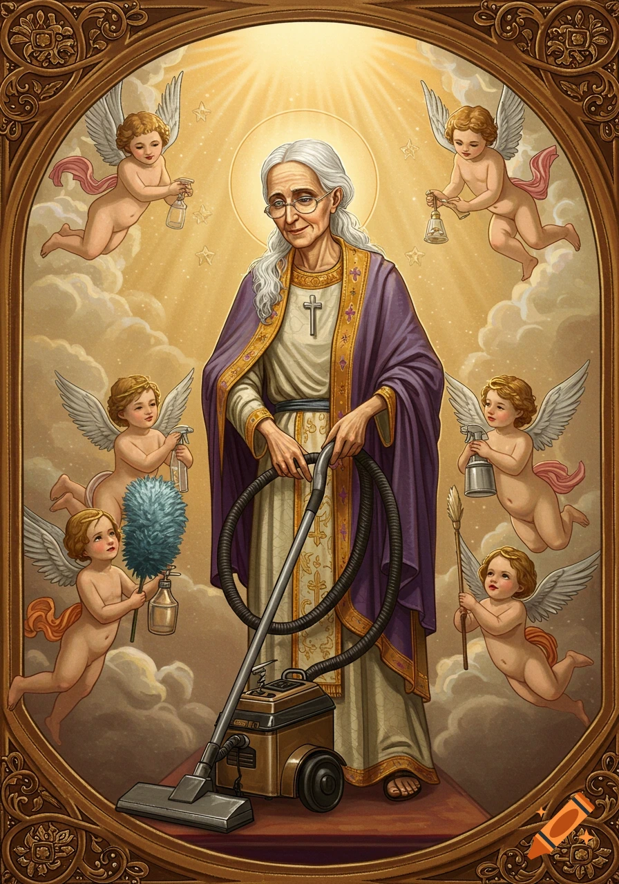 A religious icon depicting an elderly woman with long white hair in a ...