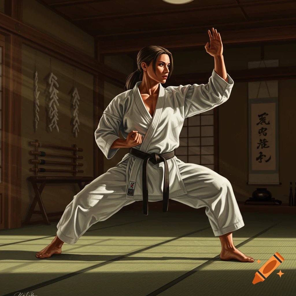 A young woman in a white martial arts gi and black belt stands in a ...