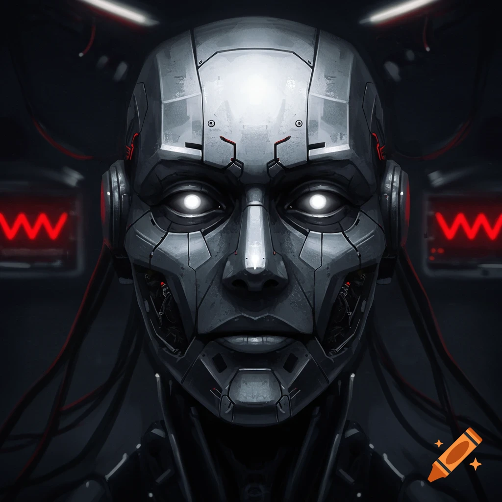 Purple and silver metal Ultron fused with sentinel, glowing red eyes and silver fins on Craiyon