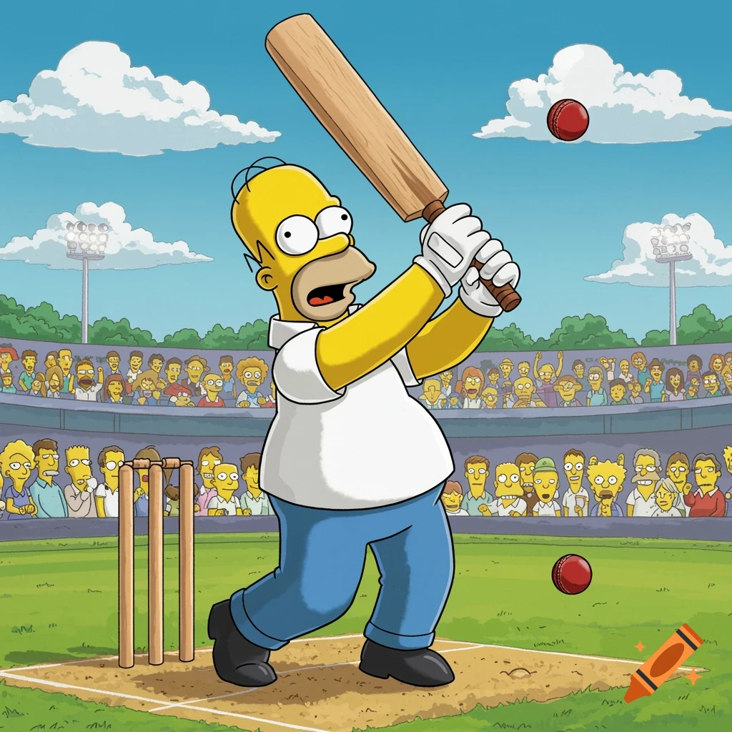 Homer Simpson in a white shirt and blue pants batting at a cricket match in a stadium with a ...