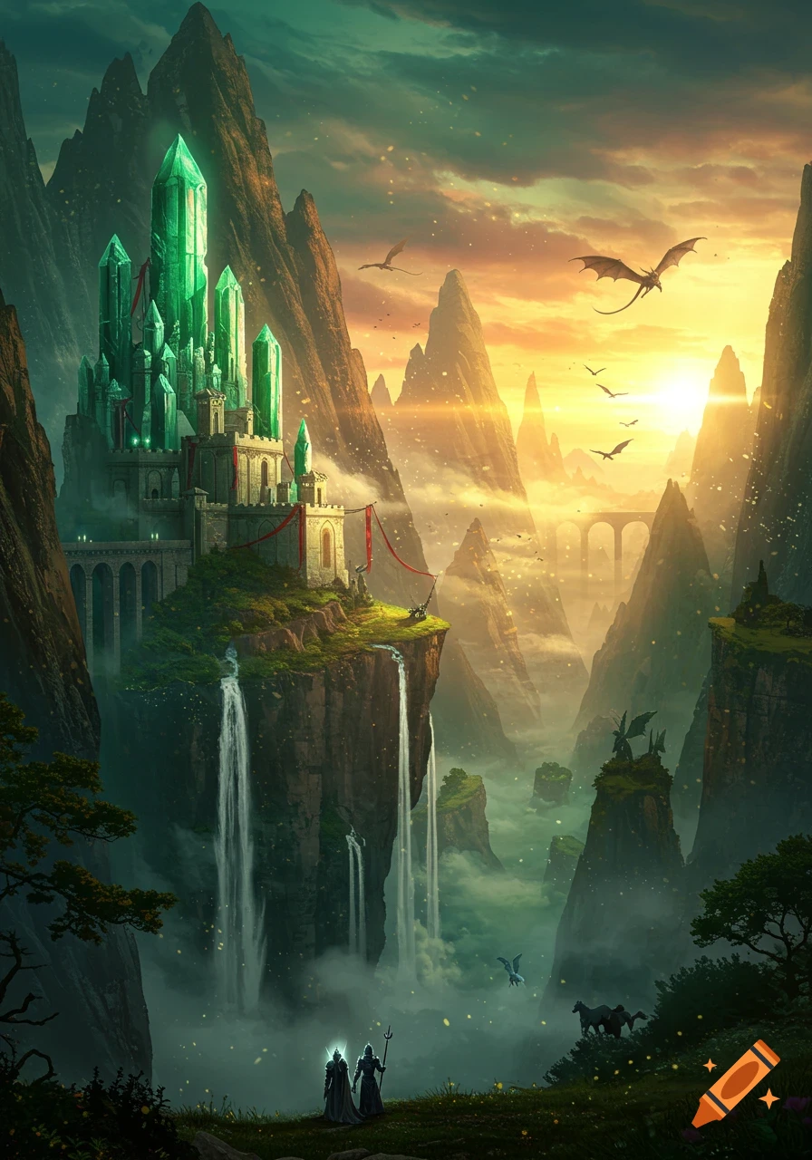 A grand, white domed city with towers built into green hills beside a ...