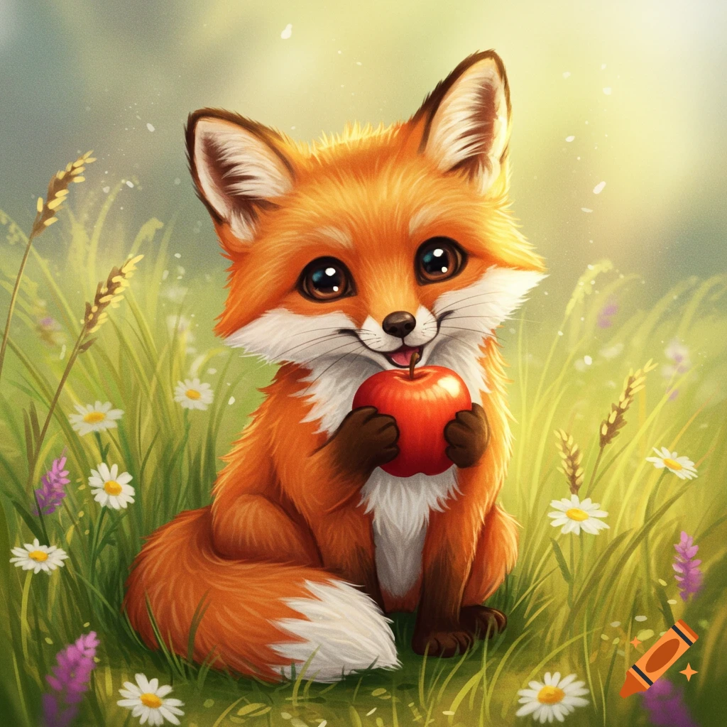 A cute, illustrative red fox with big eyes sits in a grassy field with ...
