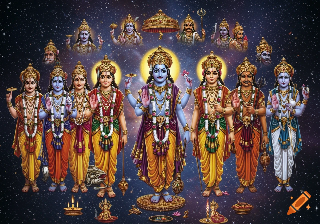 Multiple Hindu deities, including Vishnu and his avatars, standing ...