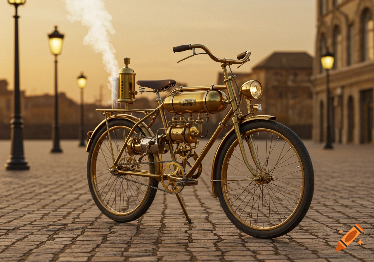 Photorealistic steampunk bicycle made of brass and gears, emitting ...