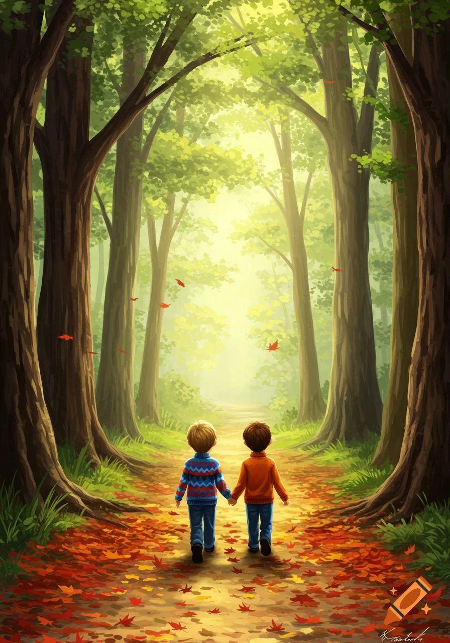 A mother and two young girls walk hand-in-hand down a sunlit park path ...