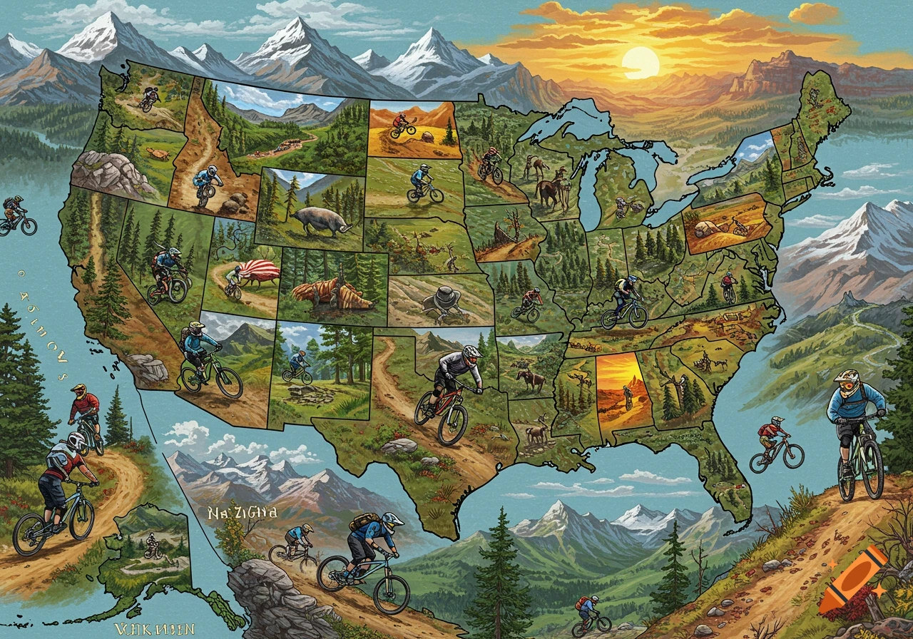 Illustrated map of the United States with different mountain biking ...