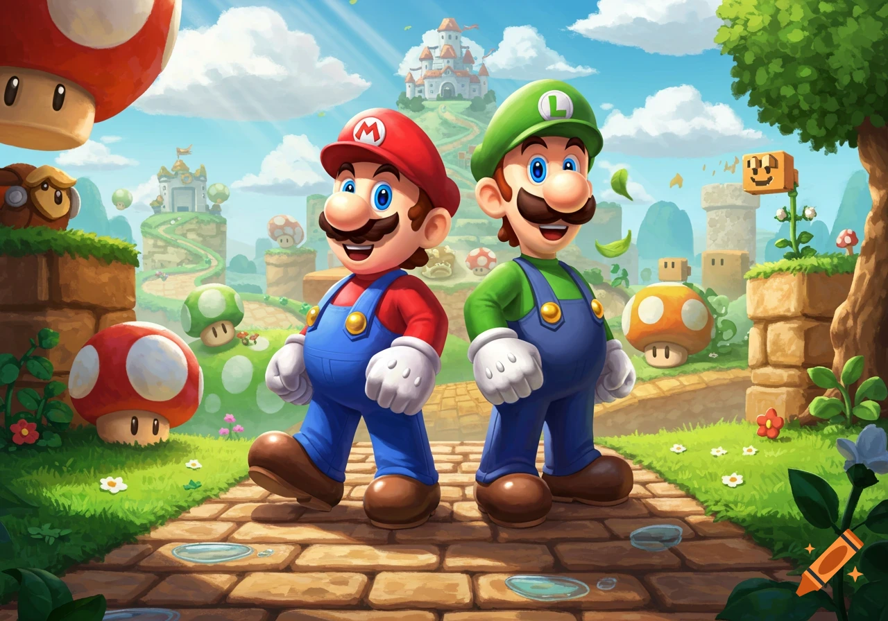 Mario and Luigi smiling in a colorful illustration, Mario holding a ...