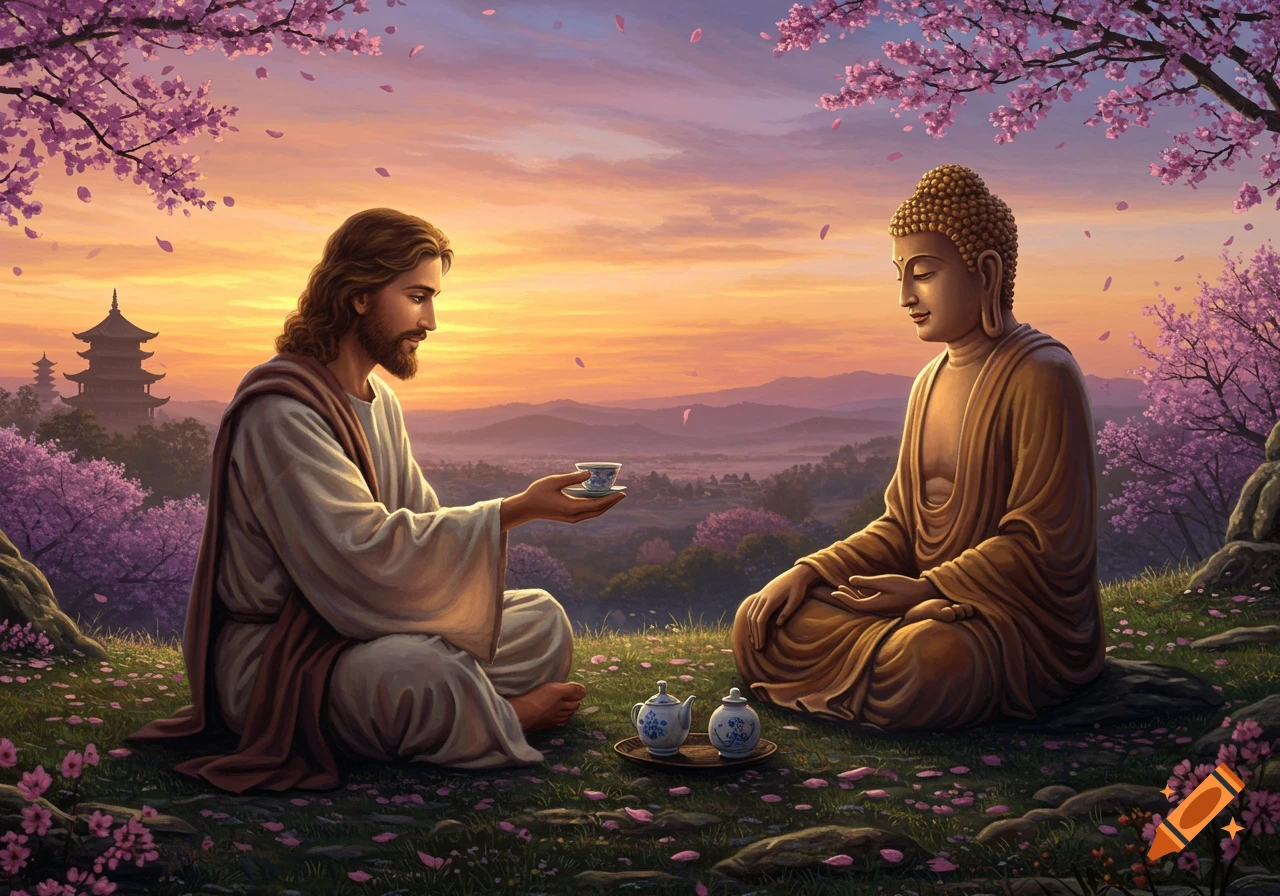 Jesus and Buddha sit cross-legged on a tranquil hillside at sunset ...
