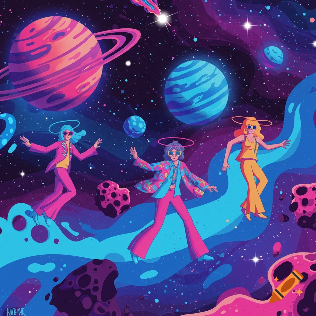 Three stylized figures in disco-era outfits float through a vibrant ...