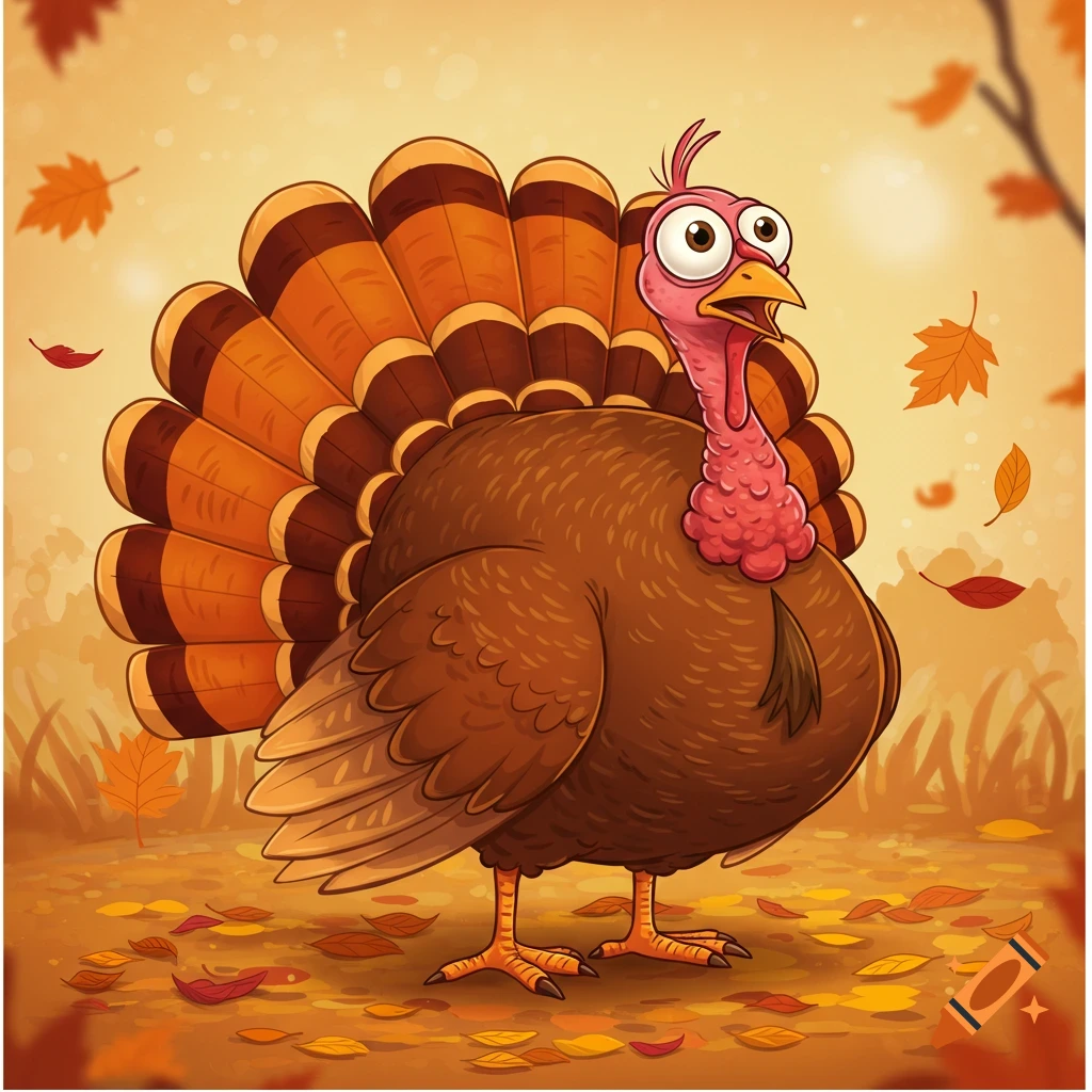 A happy cartoon turkey wearing a pilgrim hat stands among fallen autumn ...