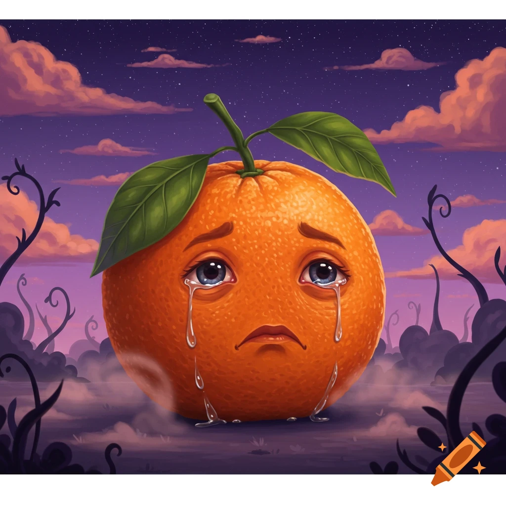 A crying anthropomorphic orange with tears, in a dark purple and pink ...