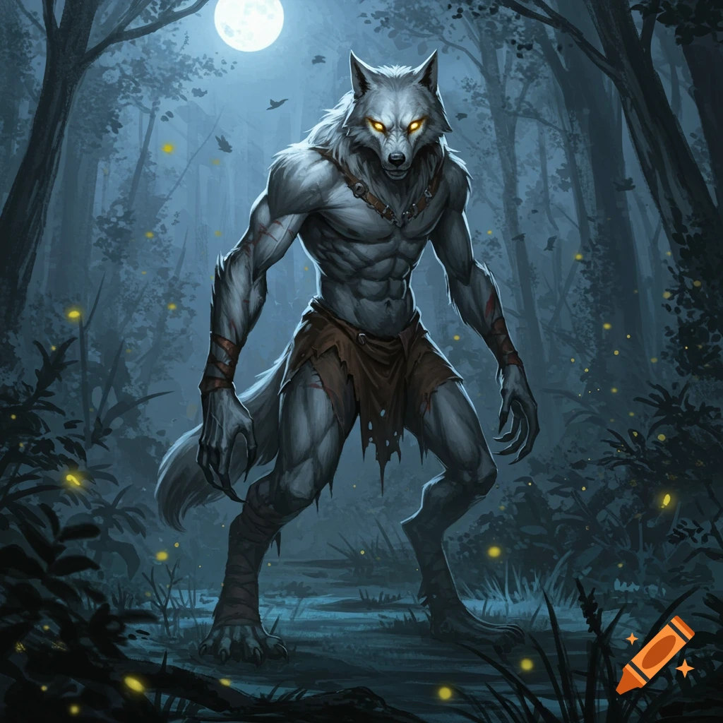 A muscular werewolf with glowing eyes snarls in a misty forest under a ...