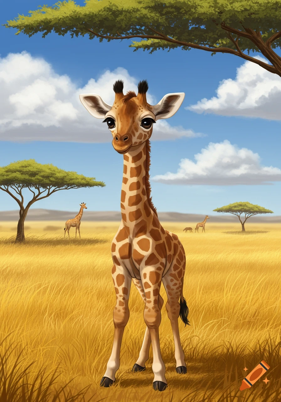 A cute cartoon baby giraffe stands in a sunny savanna with golden grass ...