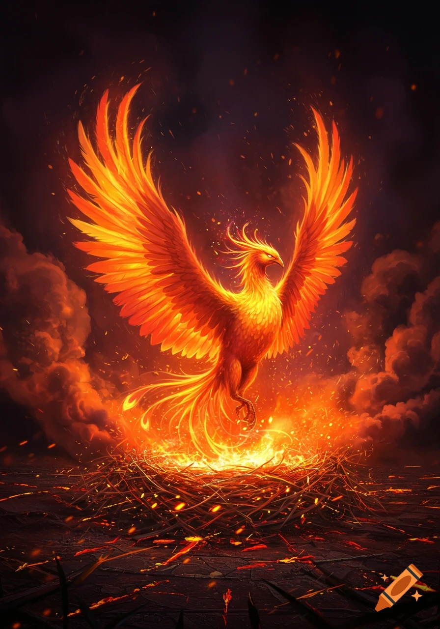 A vibrant, fiery phoenix with outstretched wings rises dramatically from a nest of flames and ...