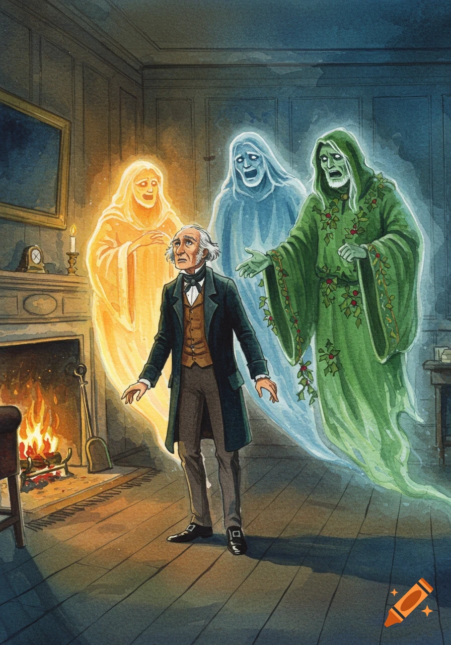 Watercolor illustration of Ebenezer Scrooge looking surprised at three ...