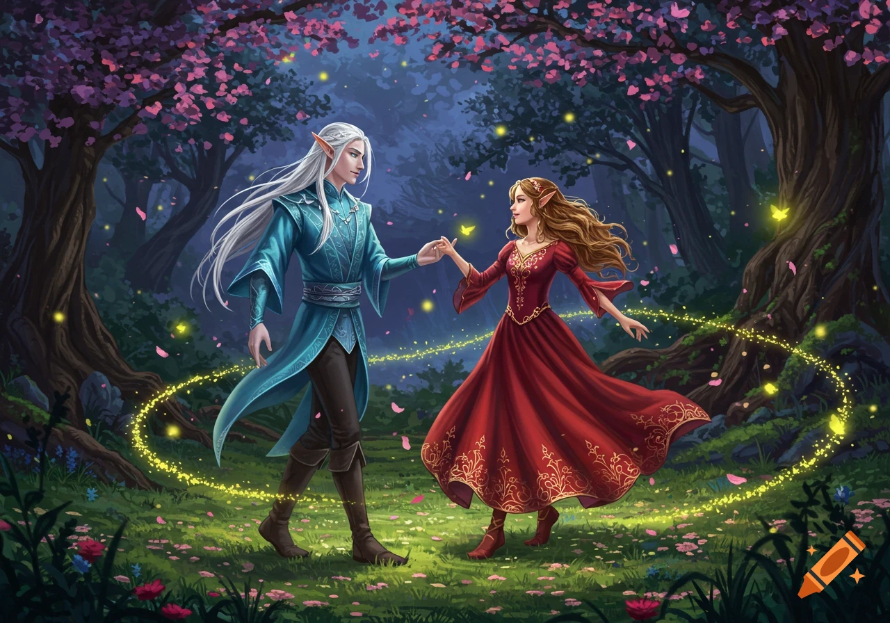 An ethereal male elf and female elf dance in an enchanted forest with ...