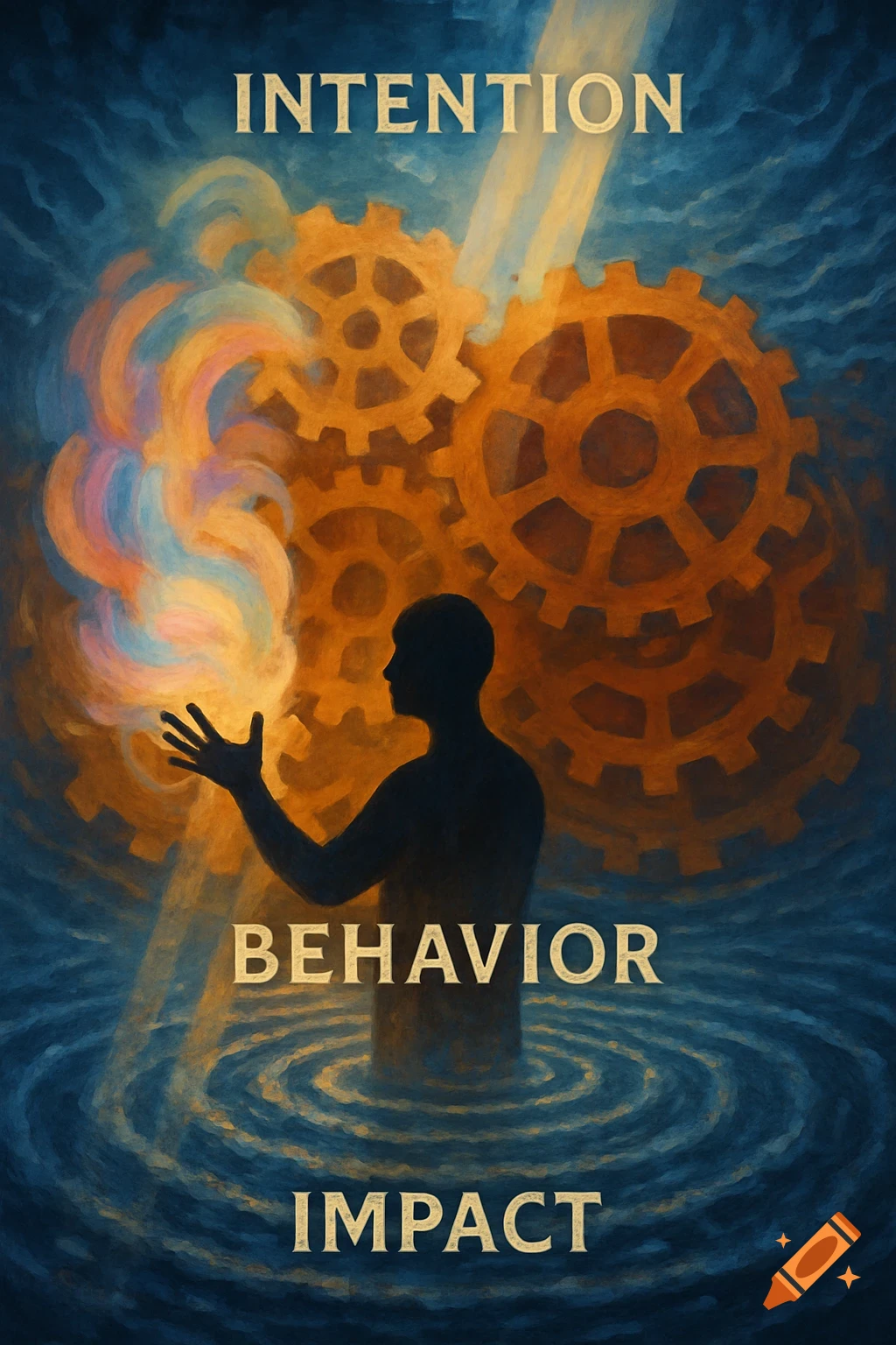 A person's silhouette with light and colorful energy, gears, and ...