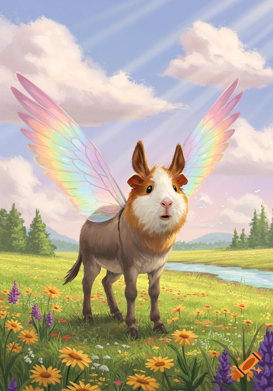 Cartoon flying pig above a piglet riding a donkey in a sunny, green ...