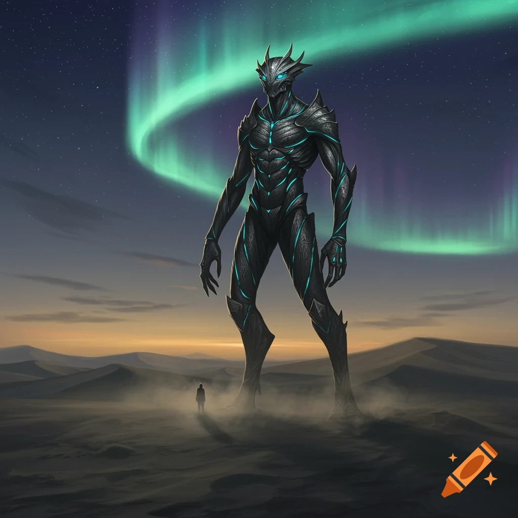 A dark armored robot with glowing blue details and red eyes holds a ...