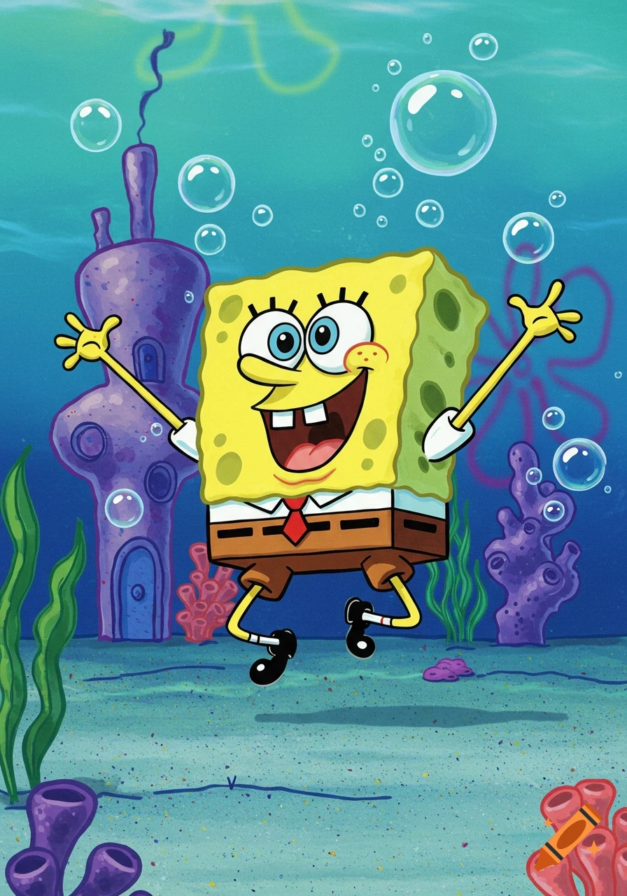 Spongebob Squarepants happily holds a peeled banana underwater amidst ...