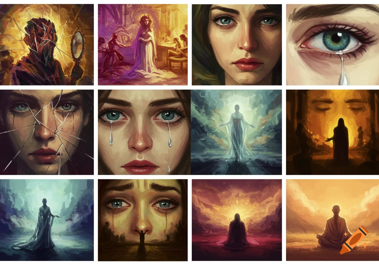 A grid of 12 emotional impressionistic paintings featuring crying faces ...