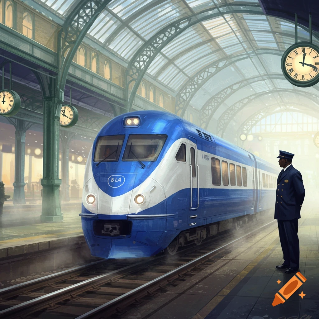 A serious, bearded bus driver in uniform sits at the wheel of a vintage ...