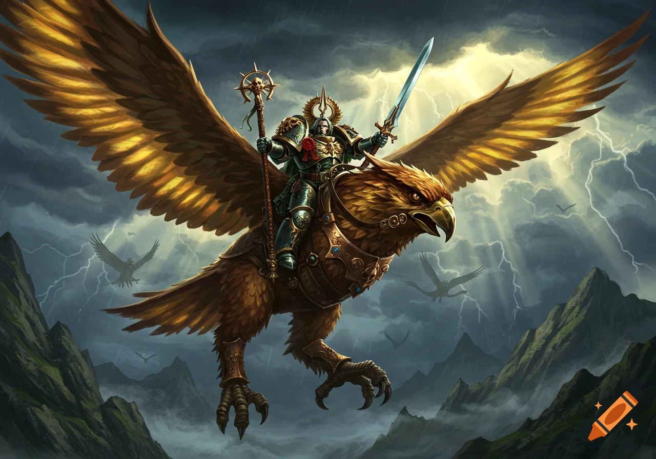 A knight in green and gold armor rides a giant golden eagle through a ...