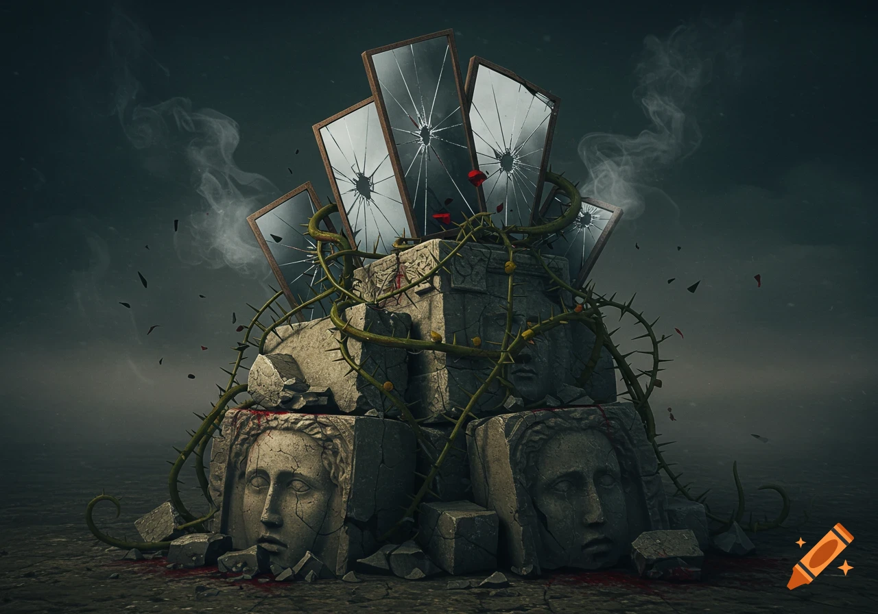 Stacked broken stone sculptures with classical faces, thorny vines, and ...