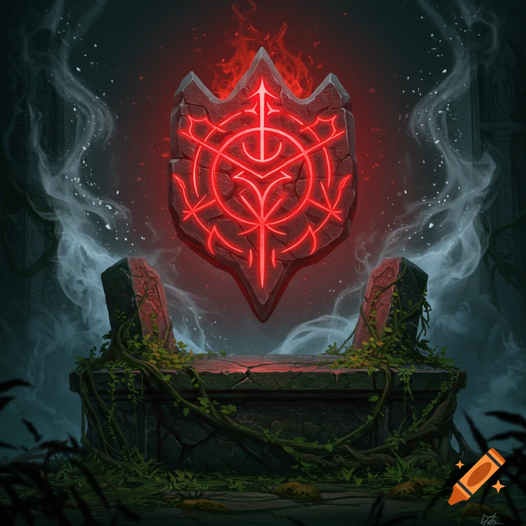 A crimson glowing magical symbol floats above an overgrown stone ...