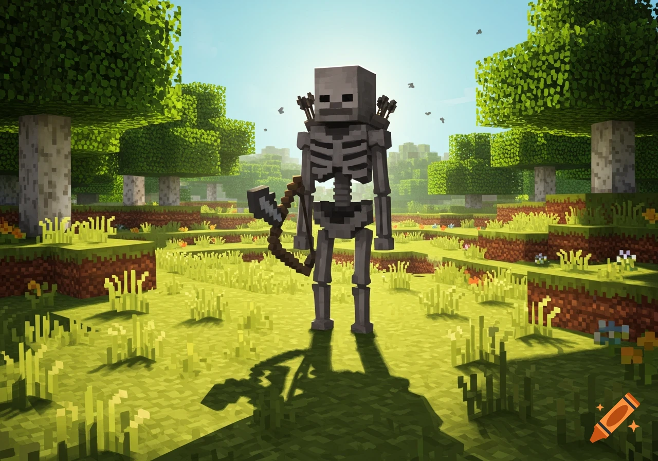 A blocky Minecraft skeleton stands in a sunlit pixel art forest with ...