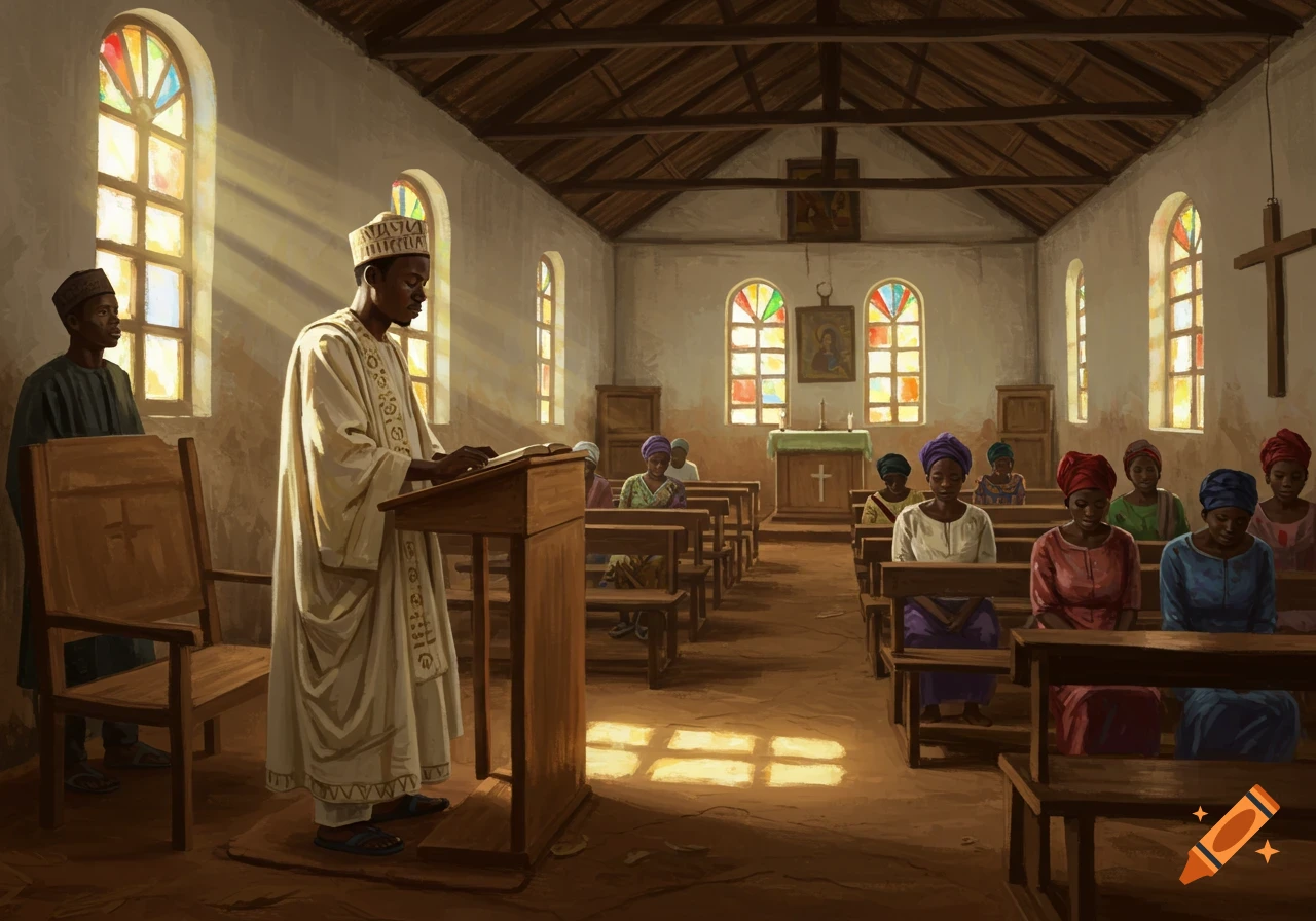 A pastor reads from a book to his congregation in a village church ...