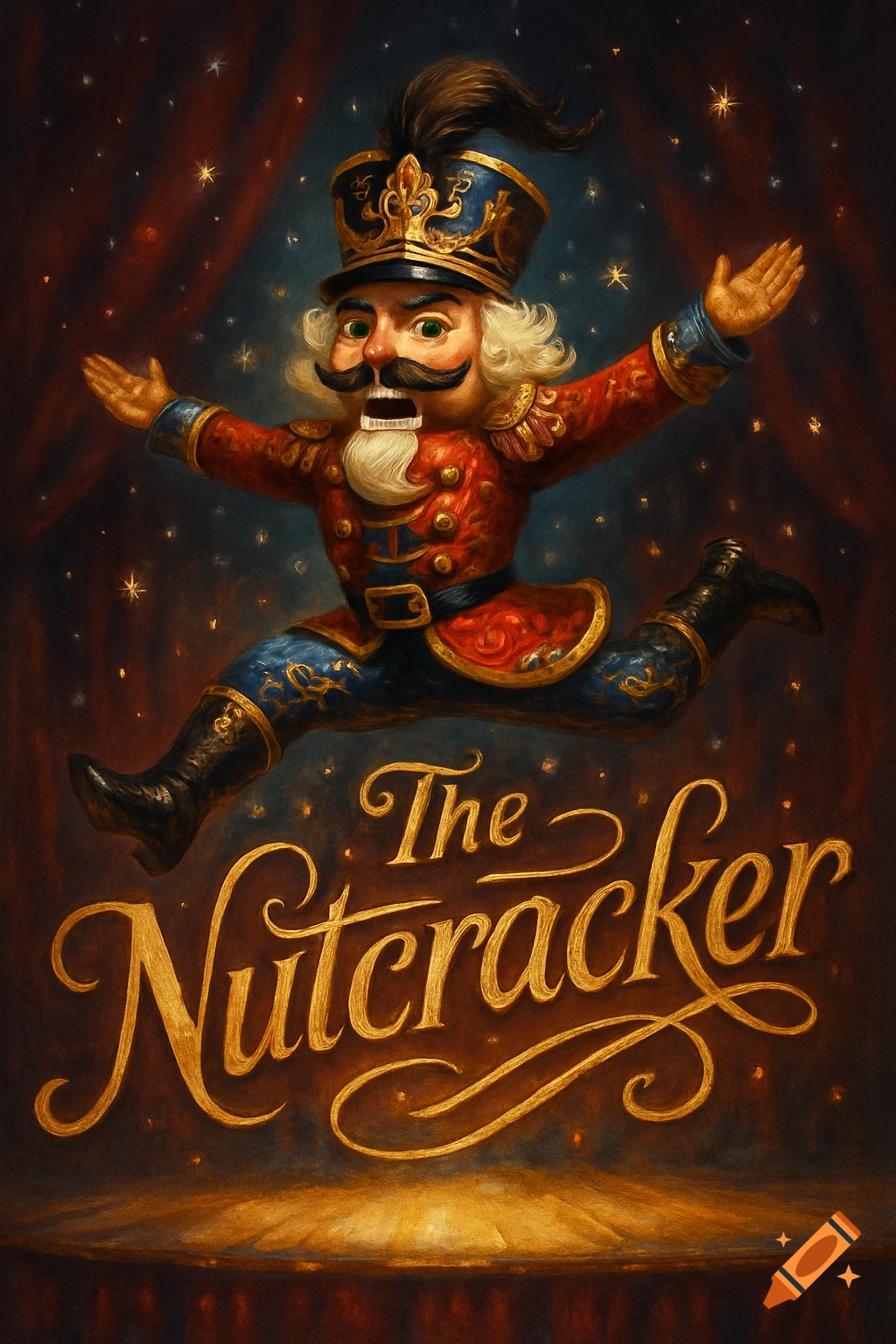 Vintage-style Christmas poster featuring a smiling elf standing on gifts, surrounded by holly ...