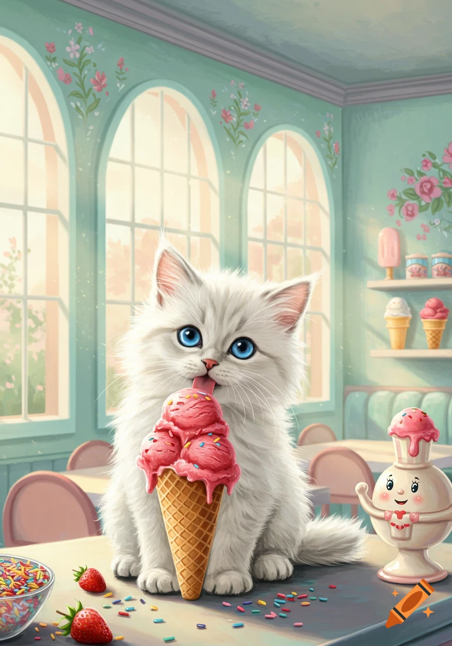 A fluffy grey cat sips a milkshake with a pink curly straw in a retro ...