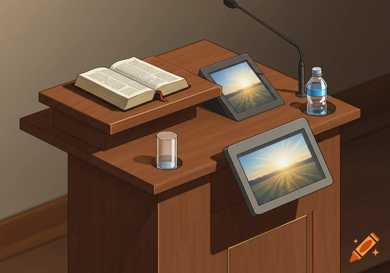 An illustrated top-down view of a wooden podium with an open bible, two ...