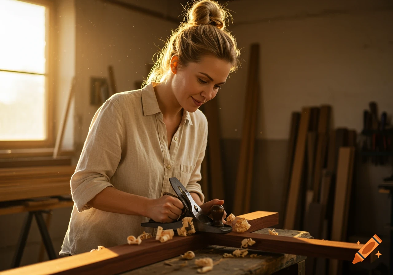 A man in a brown apron holds a baby standing on a yellow mat on a ...