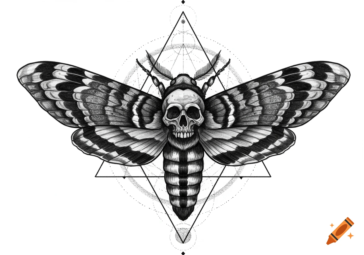 Black and white realistic death head moth with a skull on its back, surrounded by geometric ...