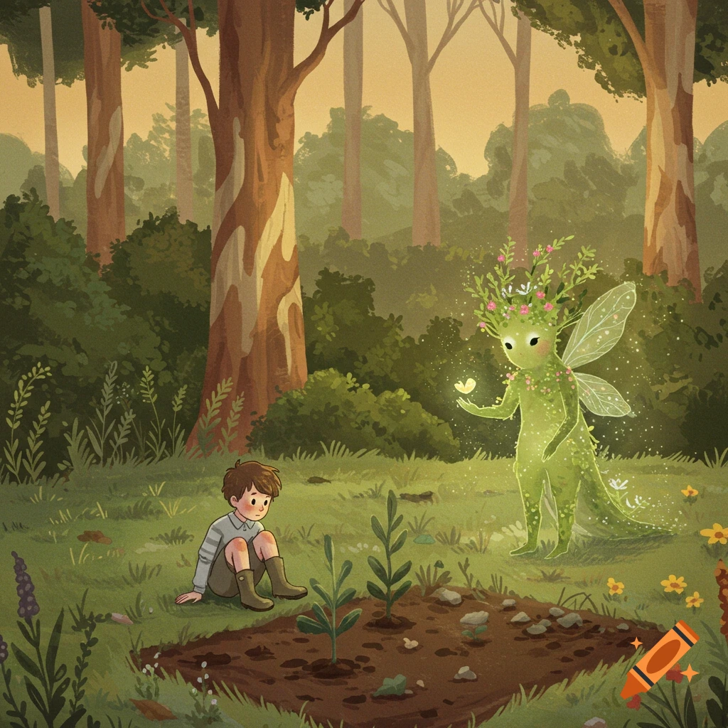 A boy sits in a forest garden watching a glowing green forest sprite ...