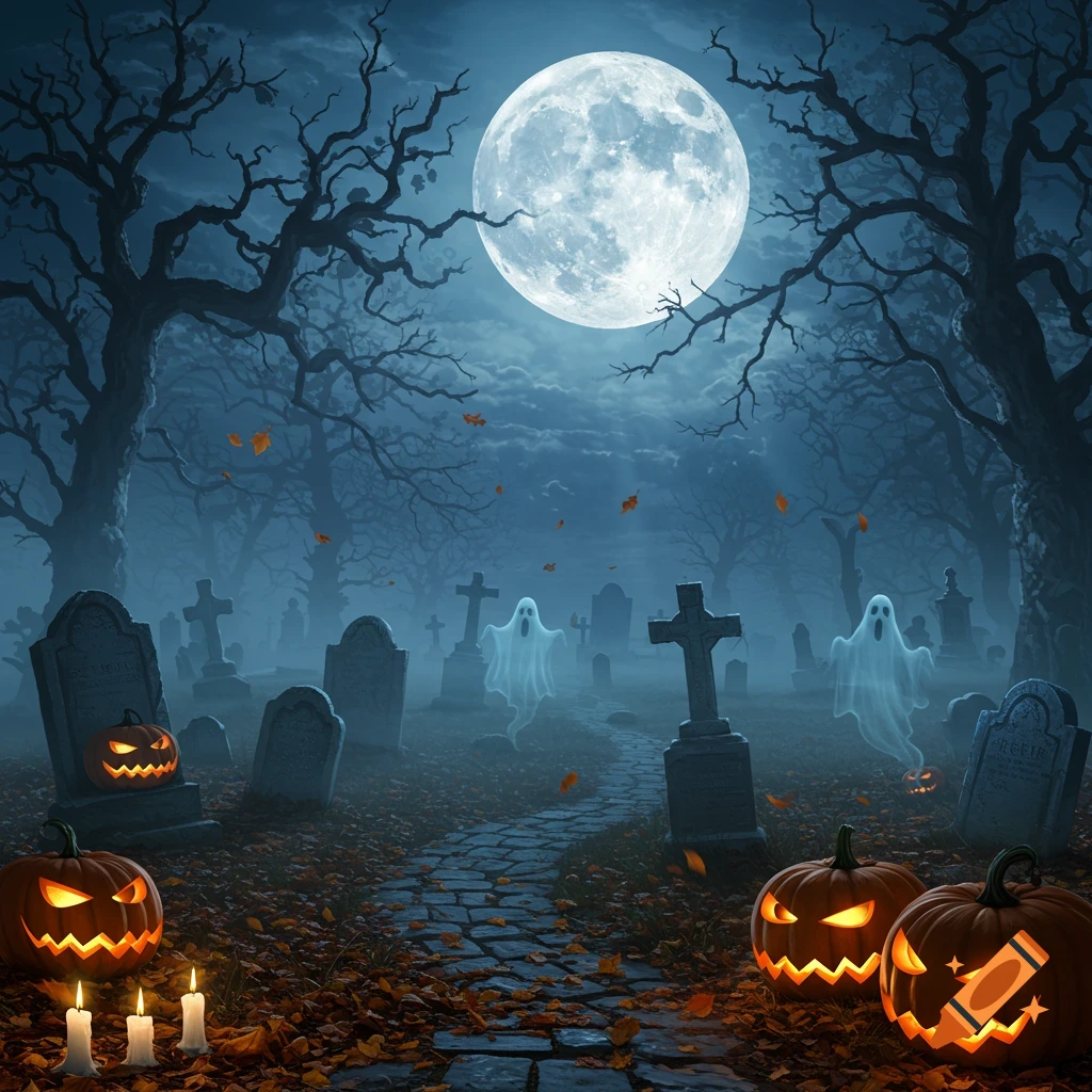 A spooky graveyard scene at night with glowing jack-o'-lanterns ...