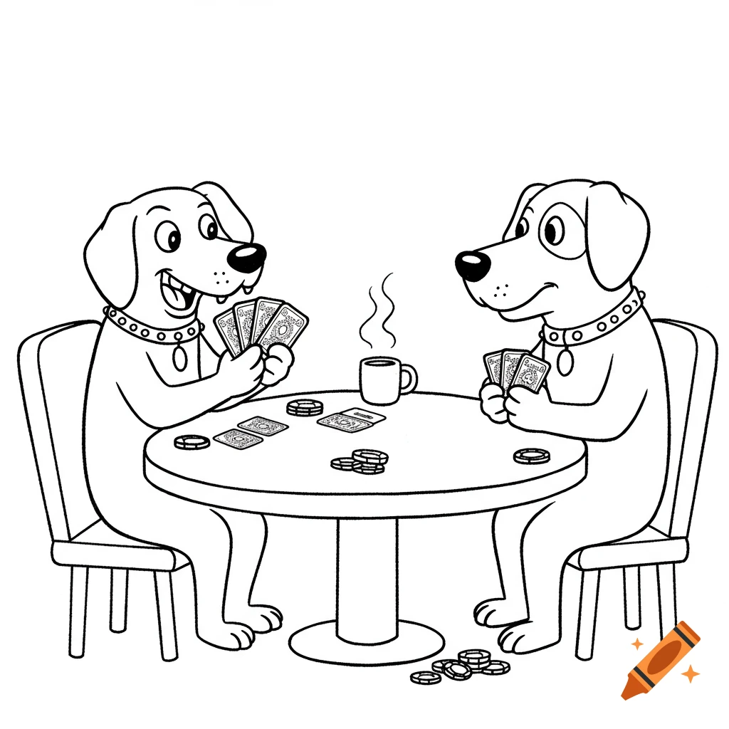 Two cartoon dogs playing poker at a table with chips and a steaming mug ...