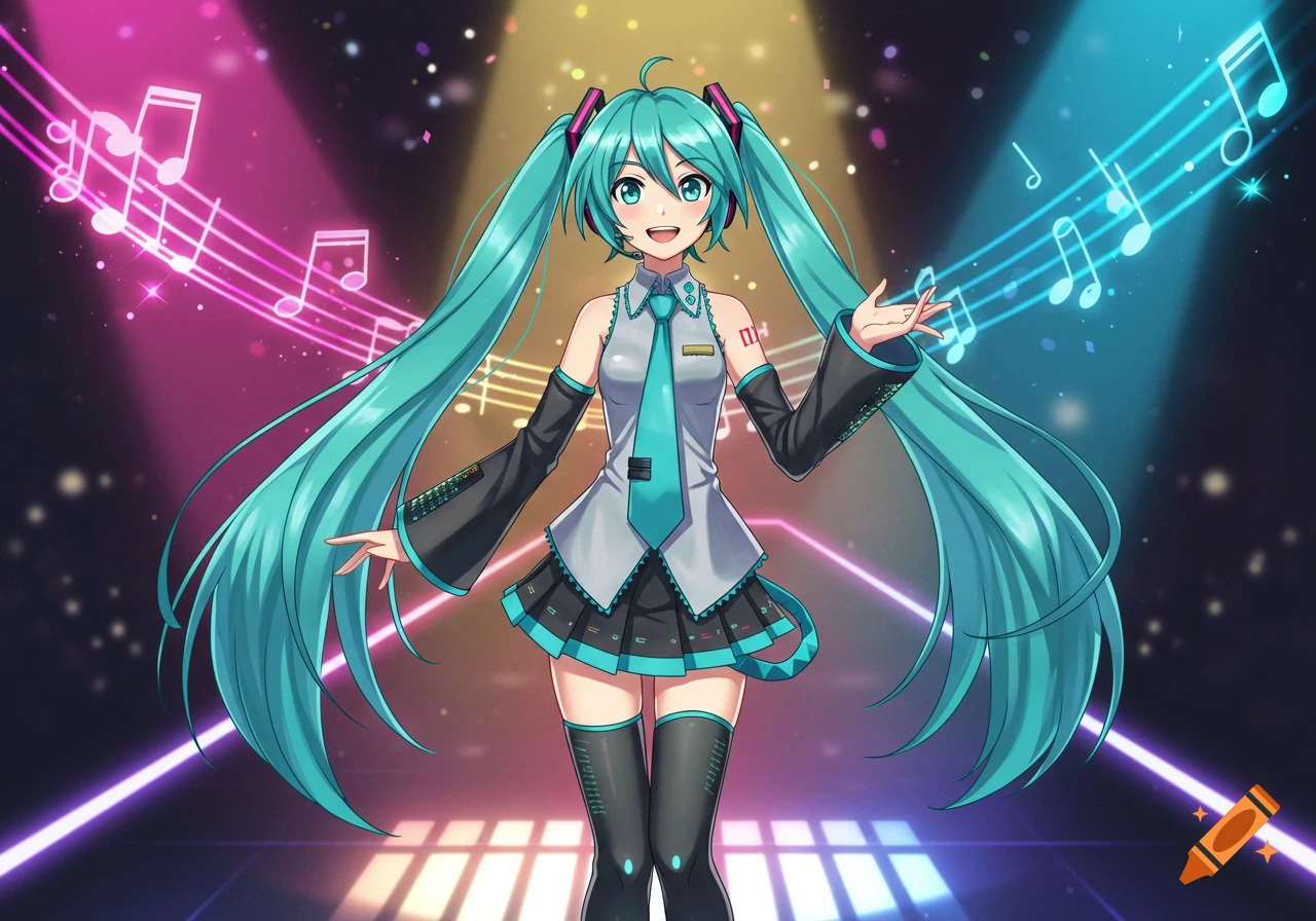 Anime girl with long blue pigtails holds a pink plush on a stage with ...