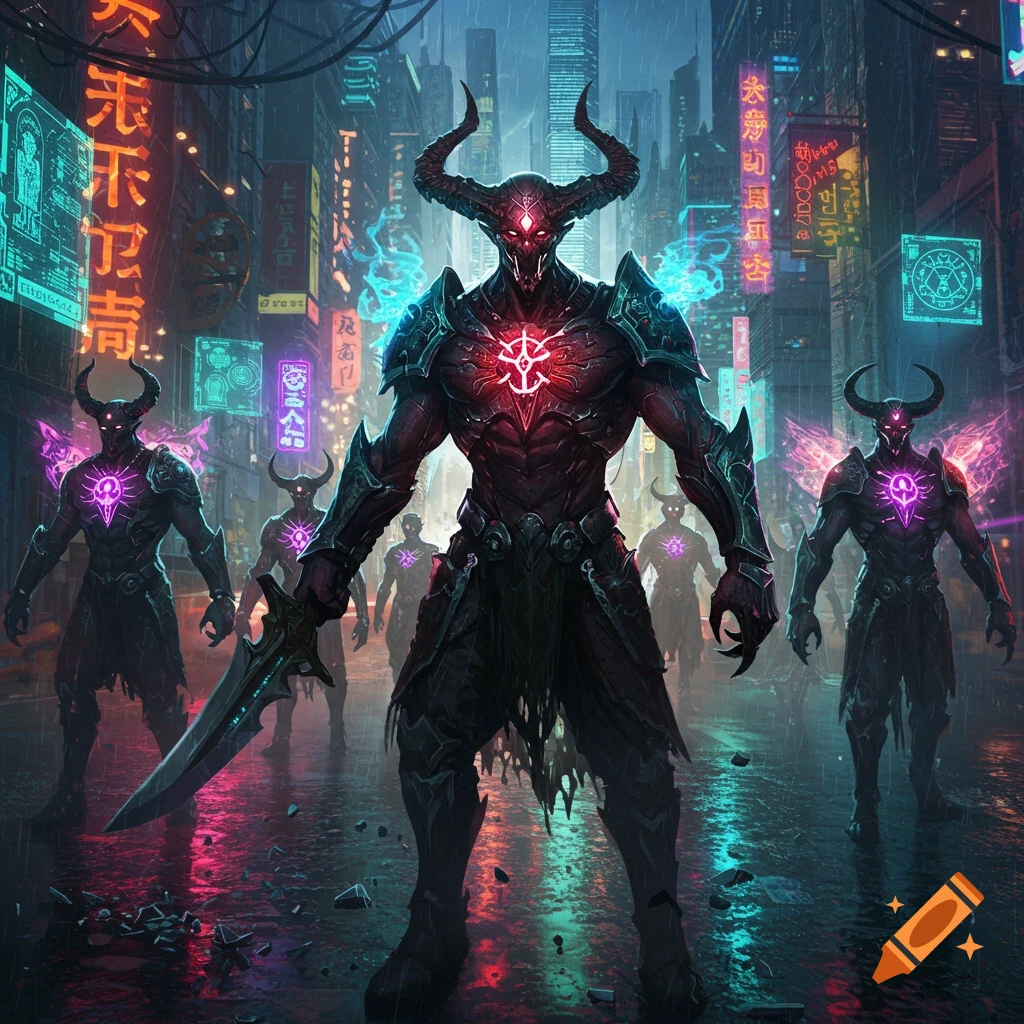 A group of horned demons in black armor with glowing red and purple ...