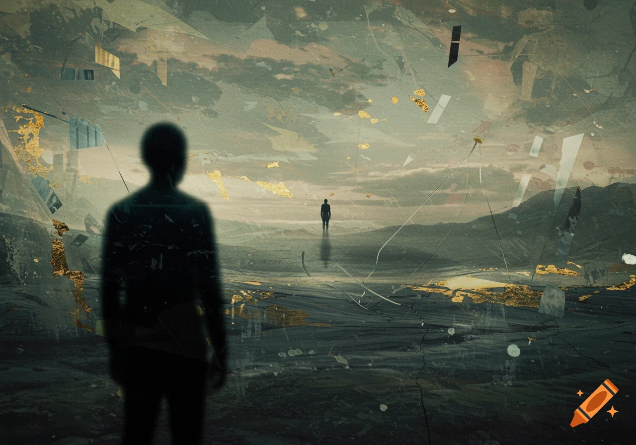 Faces of various people are reflected in many shards of shattered glass ...