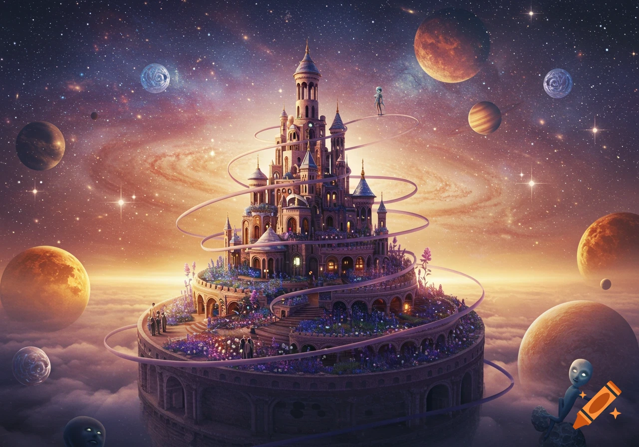 Whimsical scene of cats on pizza raining over an 'A'-patterned Eiffel ...