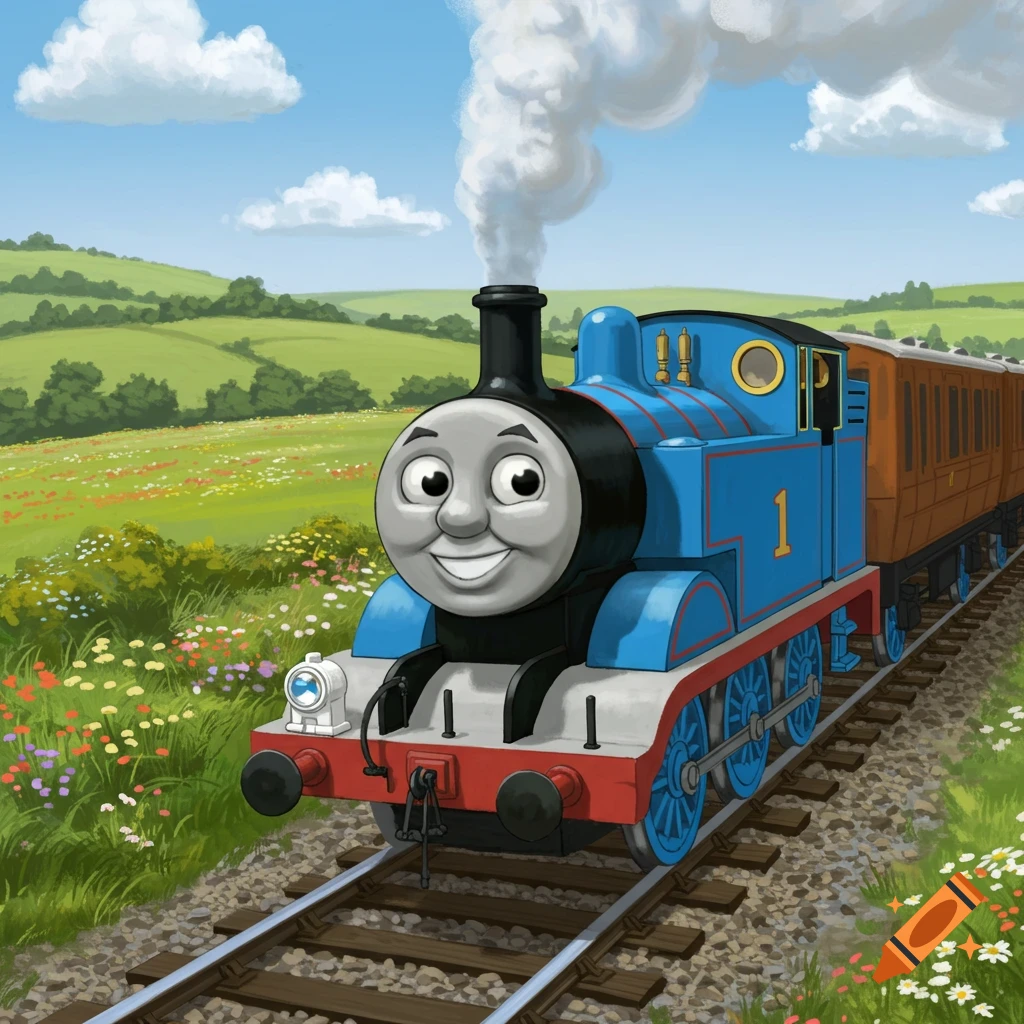 Cartoon Thomas the Tank Engine on railway tracks in a golden wheat field under a blue sky. on ...