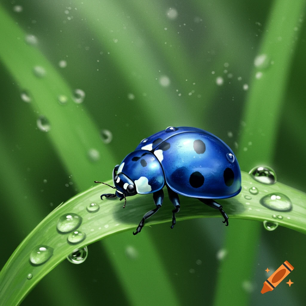 A vibrant blue ladybug with black spots covered in water droplets sits ...