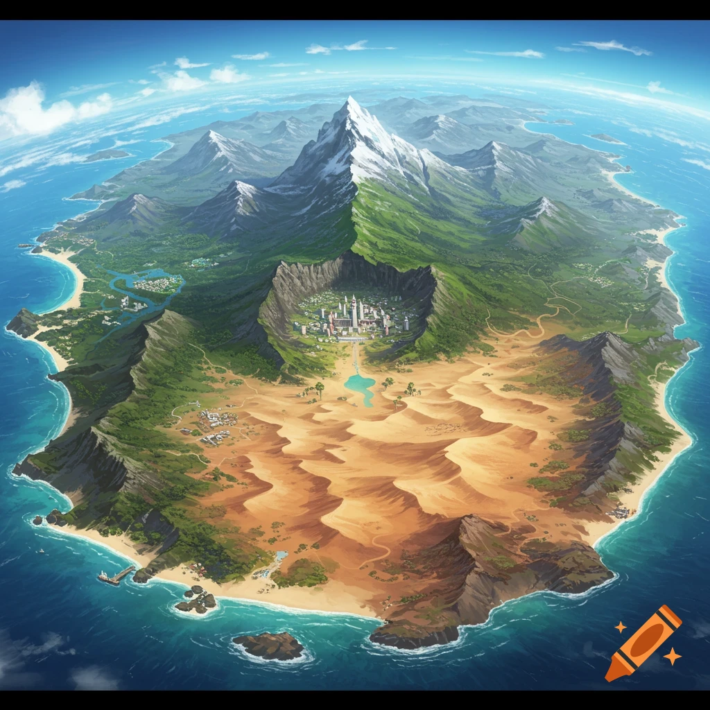 An aerial view of a vibrant fantasy island featuring snow-capped ...